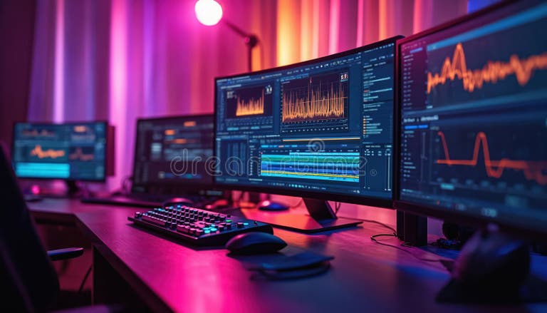 Video Editing Workspace with Multiple Computer Screens. Displays Audio ...