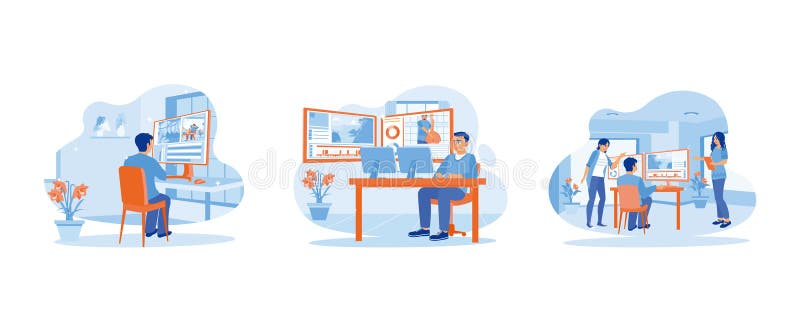 Video Editor Concept. Male Video Editor Working in the Office. Expert ...