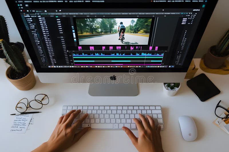 Video Editor Working on a Bicycle Scene Editing Video on a Modern ...