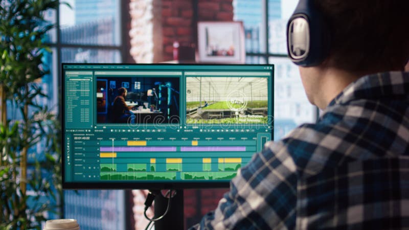 Freelancer Using Editing Tools on Computer To Cut Movie Project Footage ...