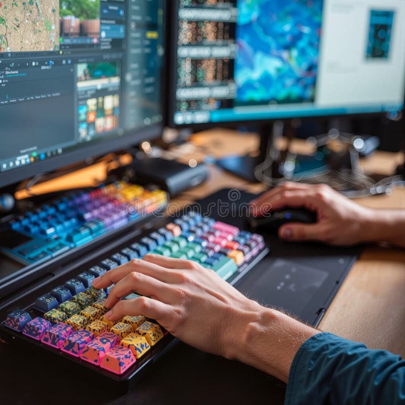 Video Editor Working with Colorful Keyboard and Mouse Editing Video and ...