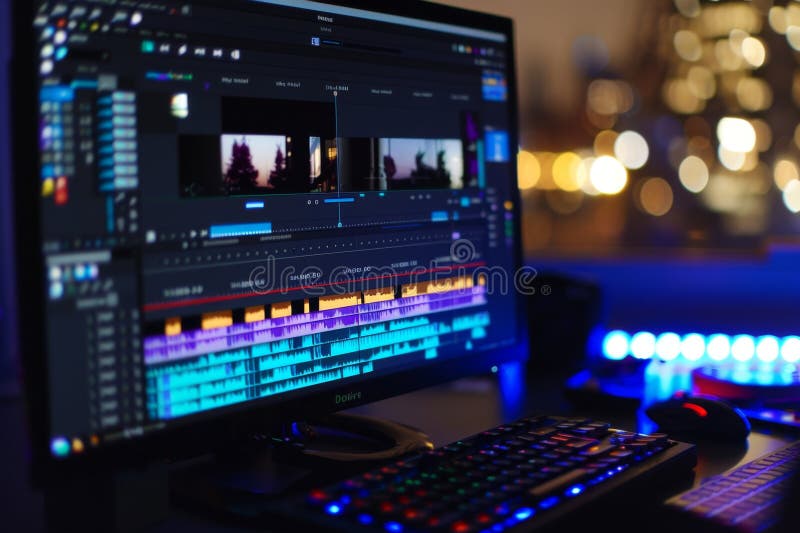 Video Editor Working with Footage on Computer at Night Stock Image ...