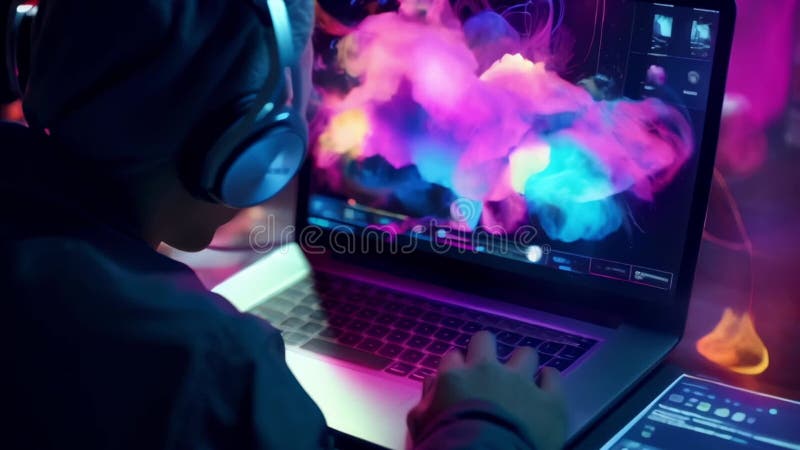 Video Editor Working on Laptop with Colorful Abstract Visual Effects ...
