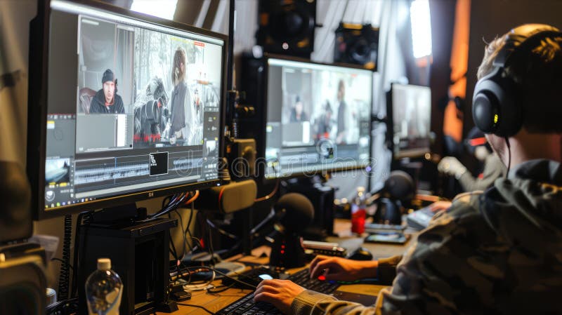 Video Editor Working on Multi-Screen Setup Stock Photo - Image of film ...