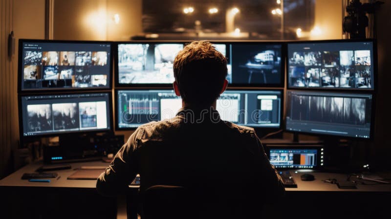 Video Editor Working on Multi-Screen Setup in Studio Stock Illustration ...