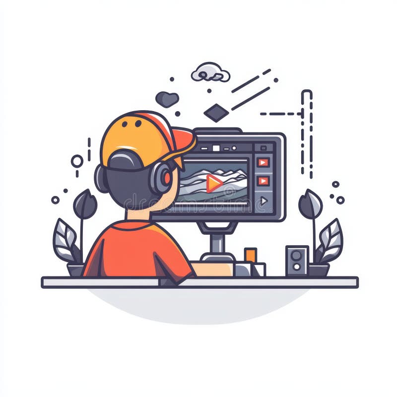 Video Editor Working on a Project at His Desk Using a Computer Isolated ...