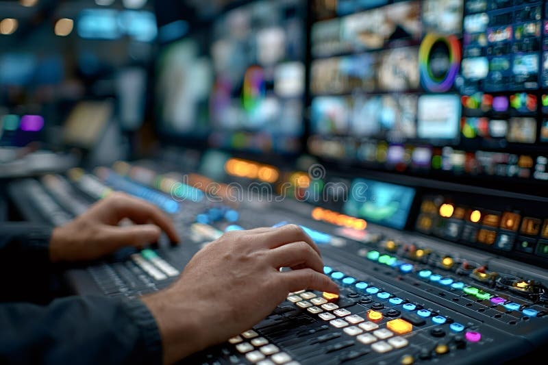 Video Editor Working with Vision Mixer in a Television Broadcast Room ...