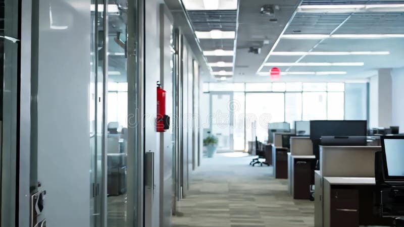 Exploring a Modern Office Space with Fire Safety Equipment and Empty ...