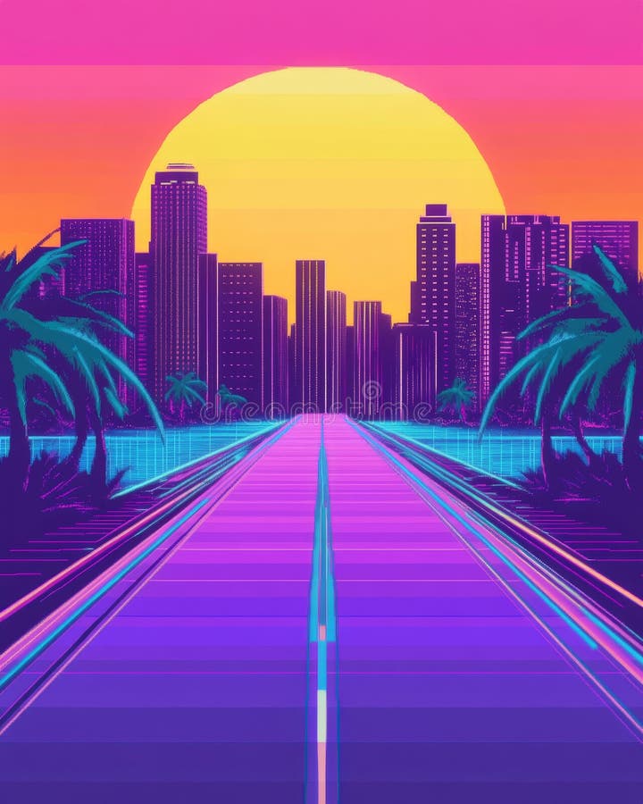 This is a Video Game Background Made of Pixel Art with a Synthwave Sky ...