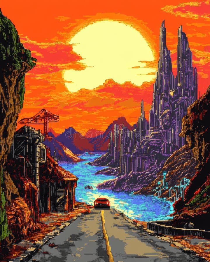 Video Game Background with a Synthwave Sky in a Futuristic Setting ...
