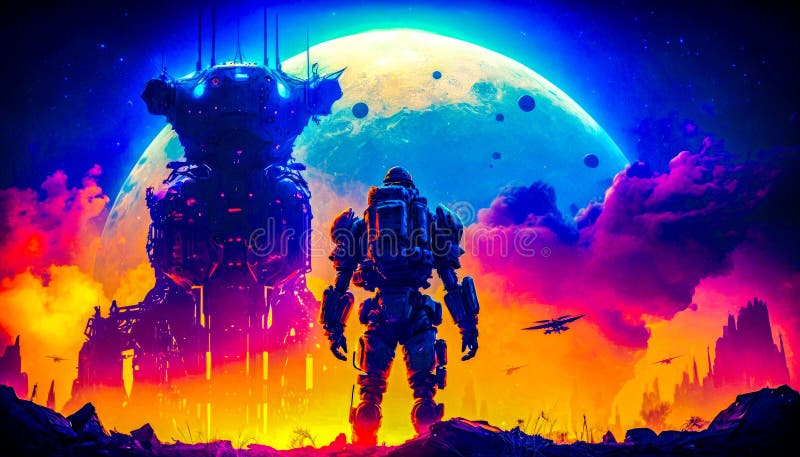 Video Game Character Standing In Front Of Moon Generative Ai Stock