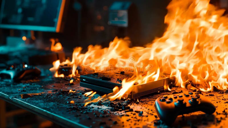 A Video Game Console on Fire with a Controller on Top of it Stock ...