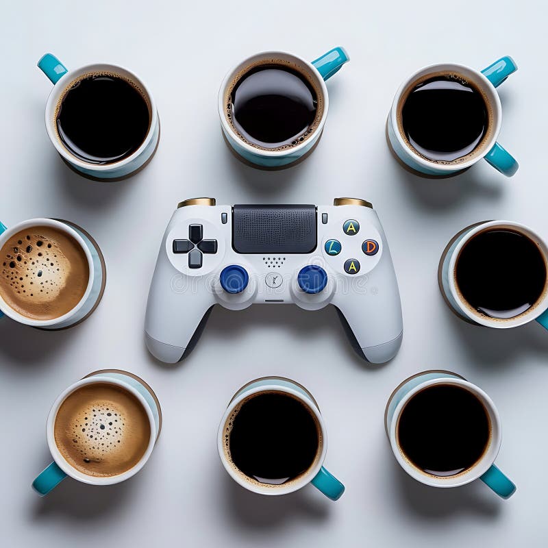 A Video Game Controller is Centered among Eight Coffee-filled Mugs ...