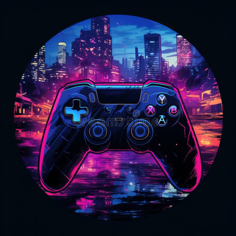 A Video Game Controller in Front of a City at Night Stock Illustration ...