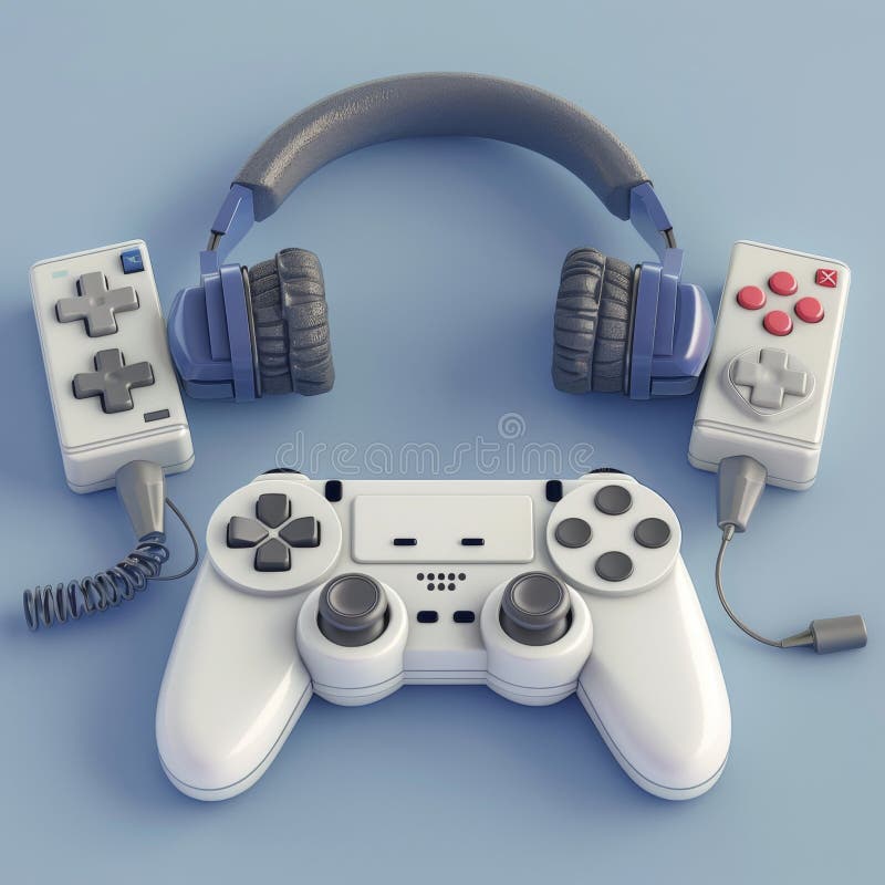 Video Game Controller with Headphone on Sky Blue Background Stock ...