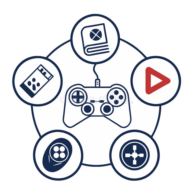 Video Game Controller Icon with Play Button and Accessories Stock ...