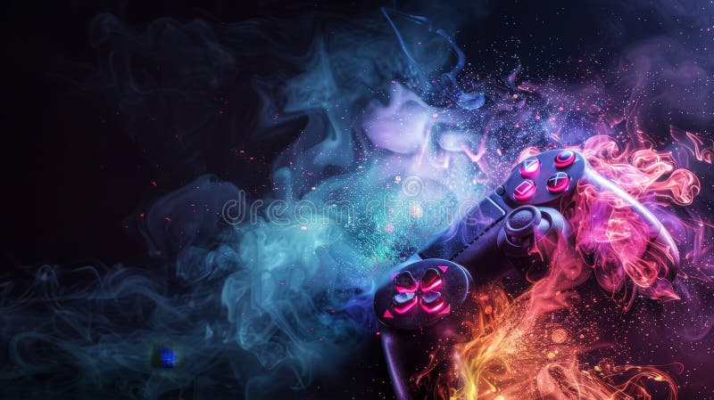 A Video Game Controller is Surrounded by Colorful Smoke and Fire Stock ...