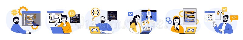 Video Game Developer Concept Set in Flat Web Design. Collection with People Programming Code ...