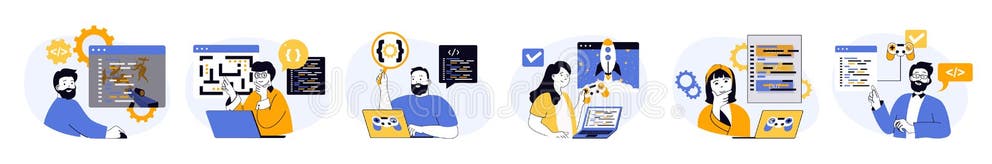 Video Game Developer Concept Set in Flat Web Design. Collection with People Programming Code ...