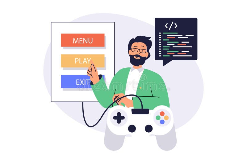 Video Game Developer Web Concept with Flat Cartoon People for Website Design. Man Programming ...