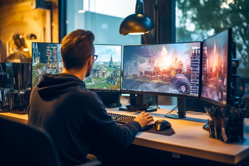 Video Game Developer Working on a New Game, View from Behind Stock ...