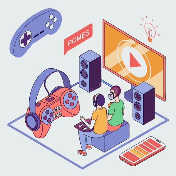 Video Game Illustration with Gamers Playing on Screen Using Controller ...