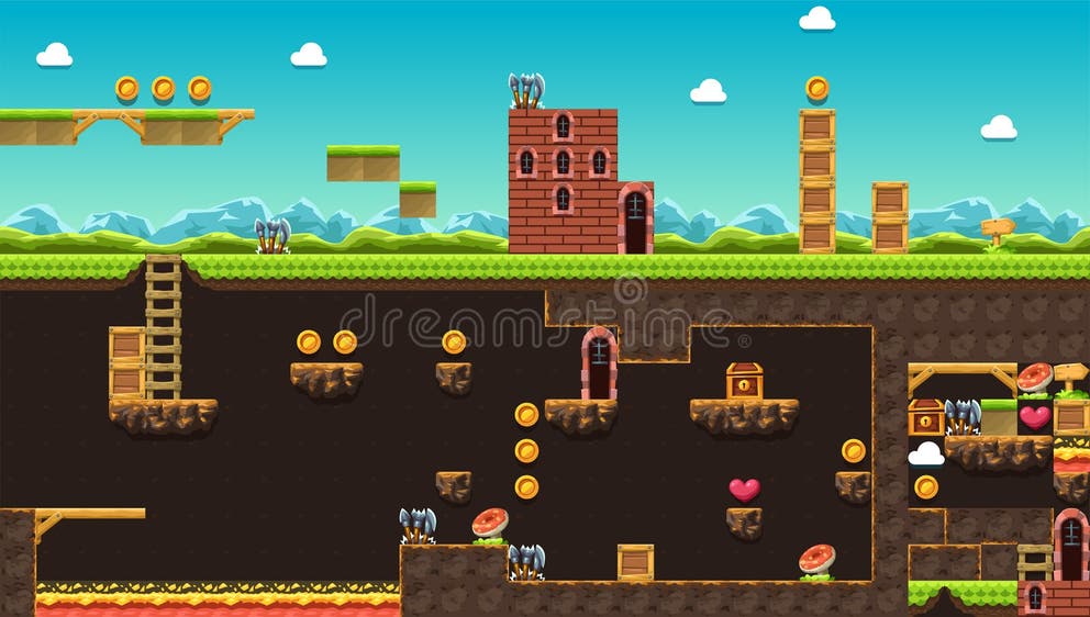 Video Game Level with Elements Side View Stock Vector - Illustration of ...