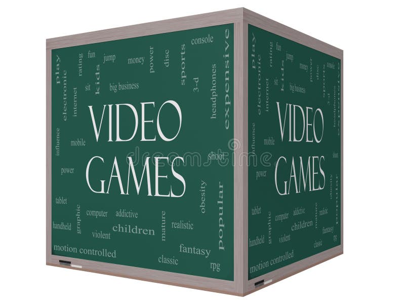 Video Games Word Cloud Concept On A 3d Cube Blackboard Stock
