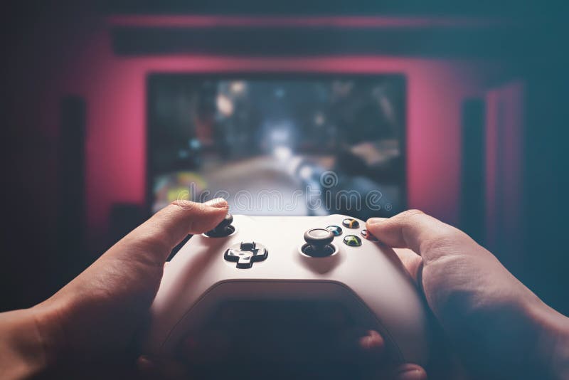 Video Gaming Console. Man Playing FPP Shooter Stock Image - Image of ...