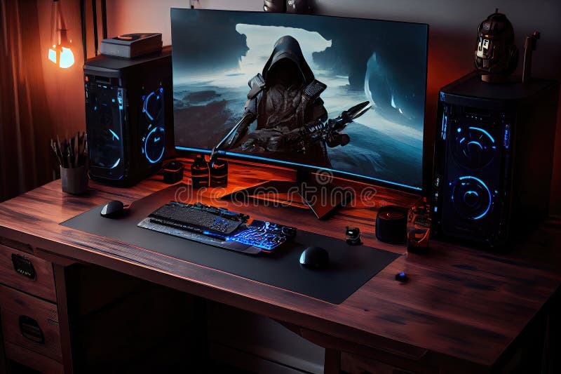 Video Gaming Desk with High-end Computer, Keyboard, and Mouse Stock ...