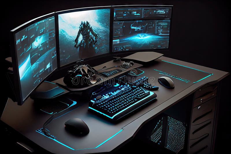 Video Gaming Desk with High-end Computer, Keyboard, and Mouse Stock ...