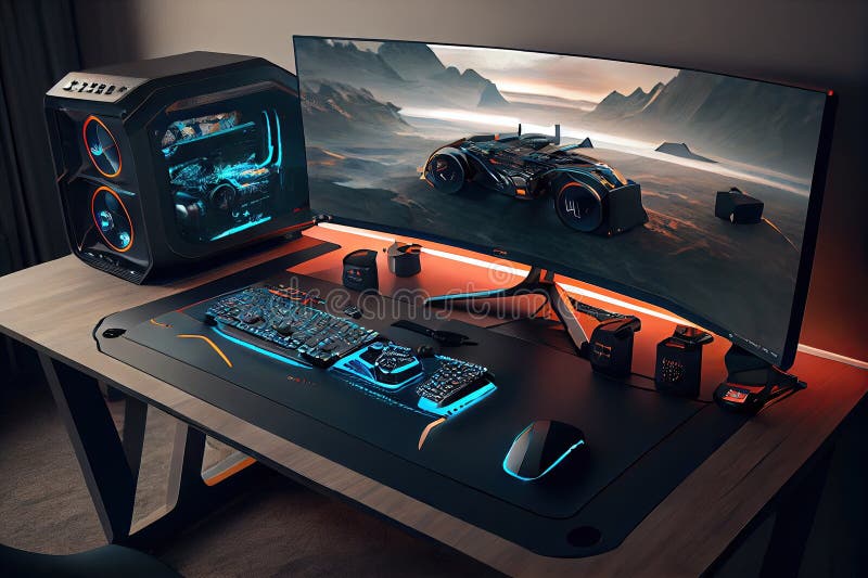 Video Gaming Desk with Sleek Black Computer, Colorful Mouse Pad, and ...