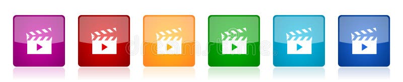 Video Icon Set, Colorful Square Glossy Vector Illustrations in 6 ...