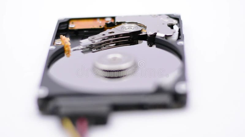 Video of Opened Hard Disk Drive with Spinning Platter. Close Up of a ...