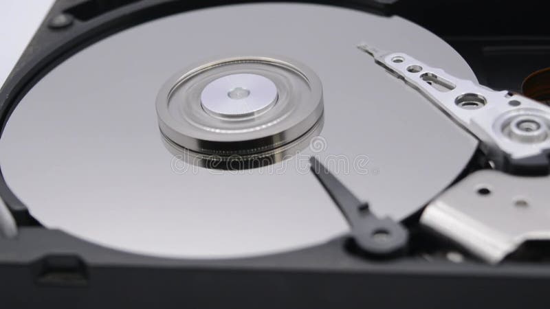 Video of Opened Hard Disk Drive with Spinning Platter. Close Up of a ...