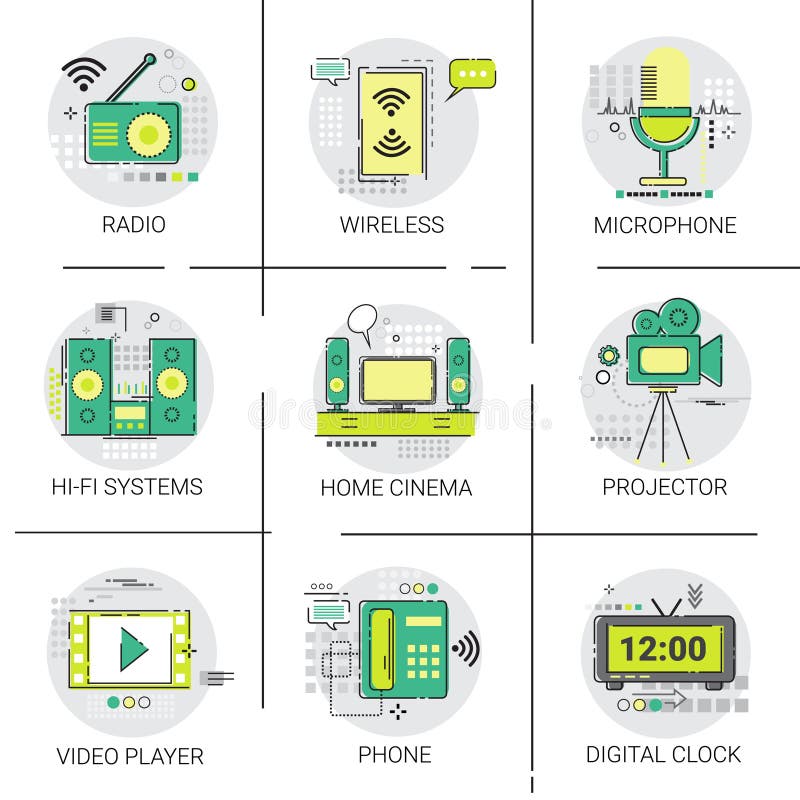 Video Player Entertainment Radio Wireless Connection Icon Set Stock ...