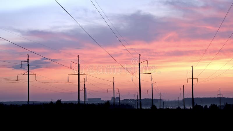Shooting of Power Line on Sunset Background Stock Footage - Video of ...