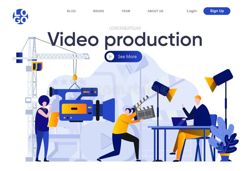Video Production Flat Landing Page. Operator with Video Camera and ...