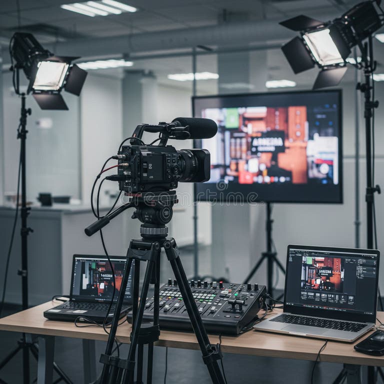 Video Production Setup Featuring a Professional Camera on a Tripod with ...