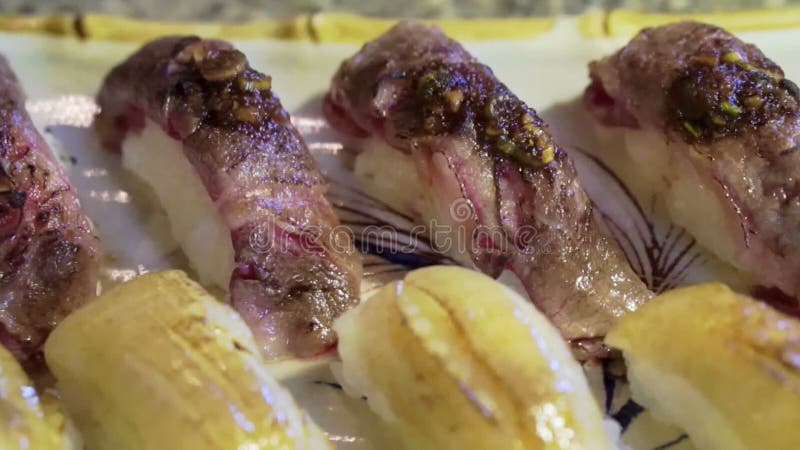 Video Seared Flounder, Flatfish and Wagyu Beef Aburi Nigiri Sushi Stock ...
