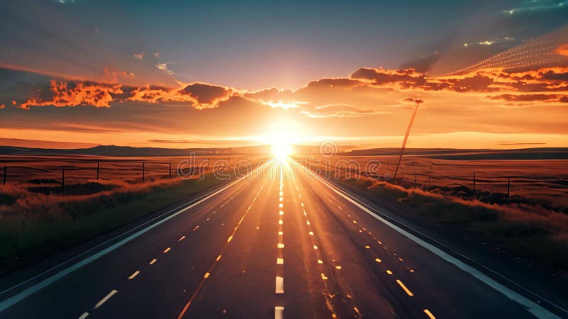 An Video Showcasing a Highway Against the Backdrop of a Setting Sun ...