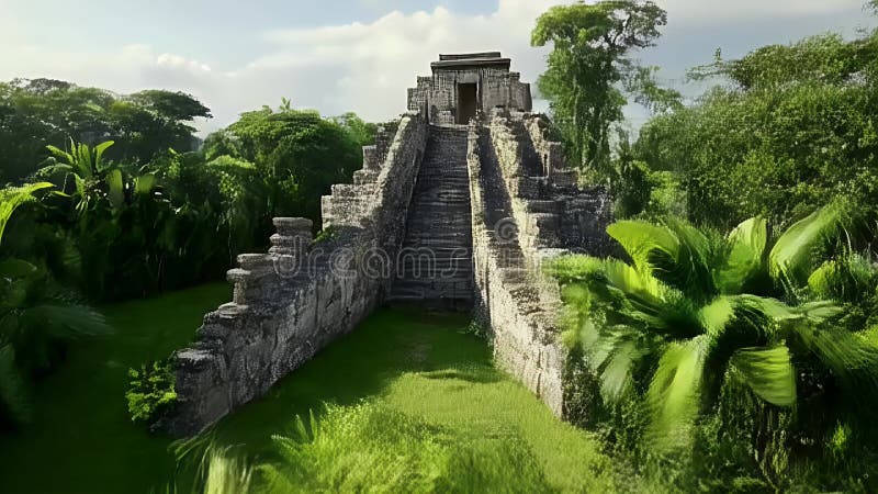 Majestic Ancient Mayan Pyramid in Green Jungle Landscape Under Partly ...