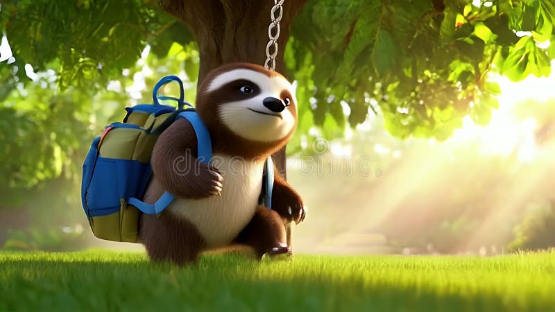 Cute Sloth Animation Under a Tree with Sun and Backpack Detailed ...