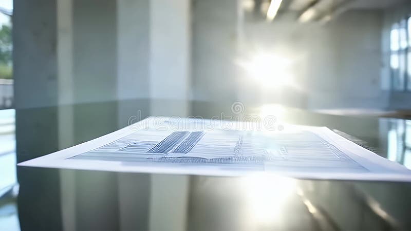 Document with Charts and Data on Glossy Table in Bright Office Setting ...