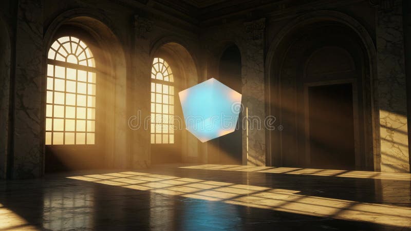 Abstract Cube Floating in a Grand Hall with Sunlight Streaming through ...