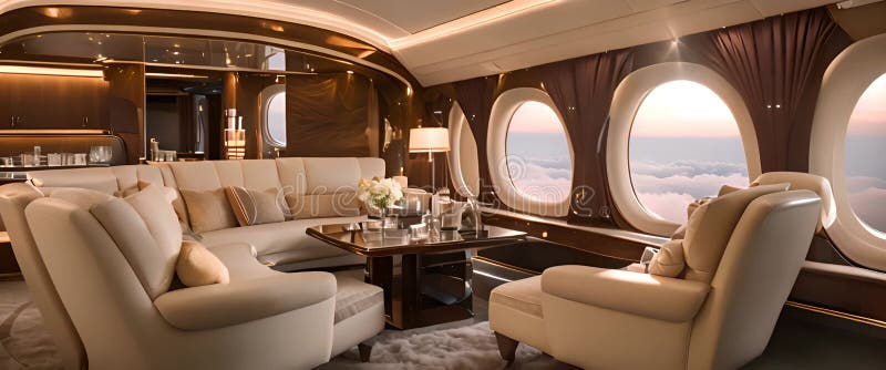 Luxurious Private Jet Interior with Lounge Seating and Window Views ...