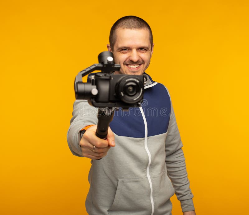 Man Vlogger or Blogger or Videographer Filming Hisself on Camera Stock ...