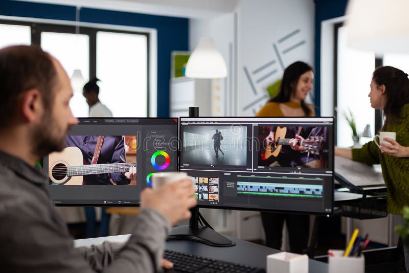 Videographer Editing Movie Project Drinking Coffee Using Post ...