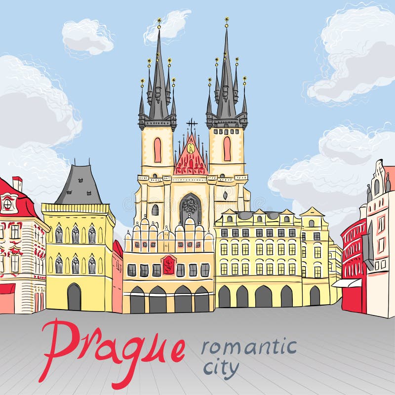 Vieja Plaza Del Vector En Praga, República Checa Stock de ilustración ...