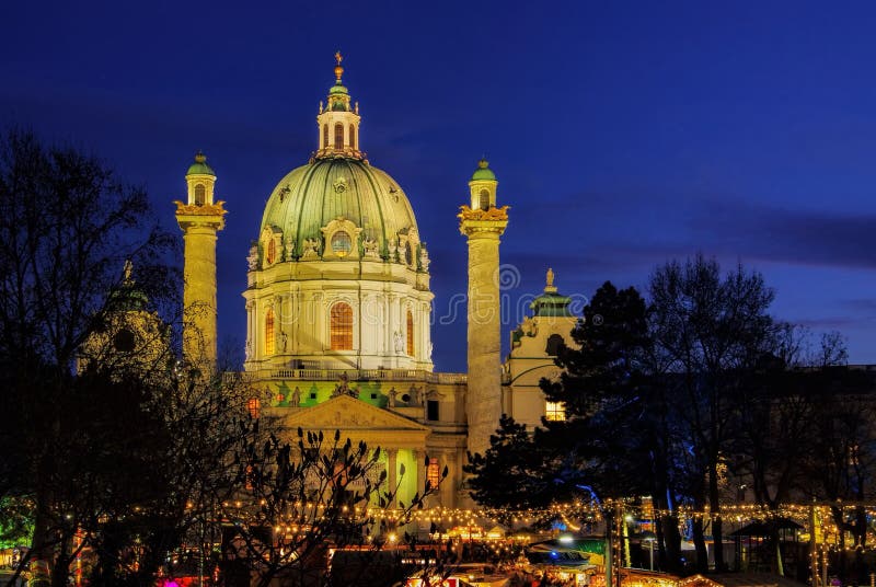 Vienna Christmas Market Charles Square Stock Photo - Image of dark ...